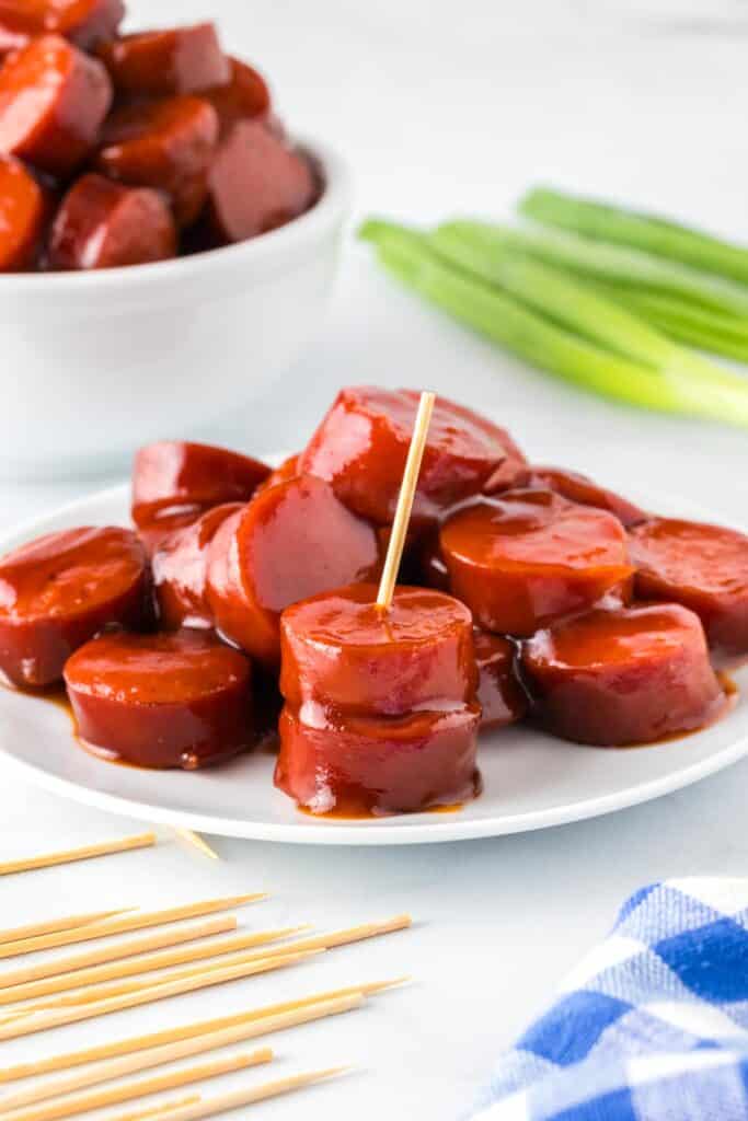 Slow Cooker BBQ Kielbasa Bites - On My Kids Plate