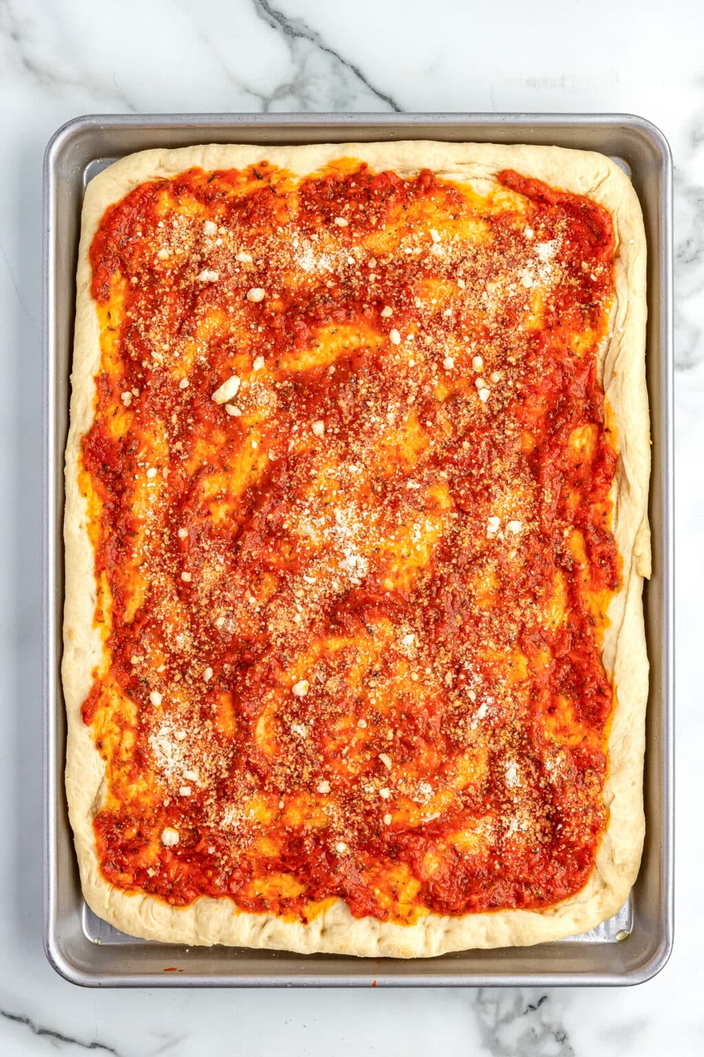 Sheet Pan Pizza -Thick, Chewy Crust with Crispy Edges - On My Kids Plate