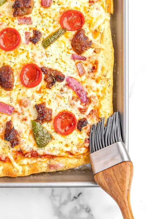 Sheet Pan Pizza -Thick, Chewy Crust with Crispy Edges - On My Kids Plate