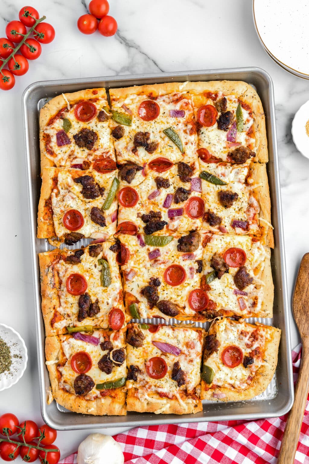 Sheet Pan Pizza -Thick, Chewy Crust with Crispy Edges - On My Kids Plate