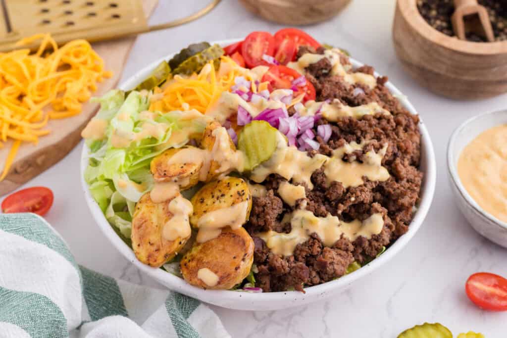 Easy Burger Bowl (With Burger Sauce!) - On My Kids Plate